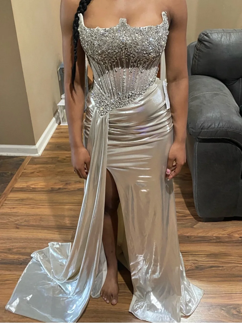 Dresses | Silver Beaded Corset Prom Gown | Poshmark